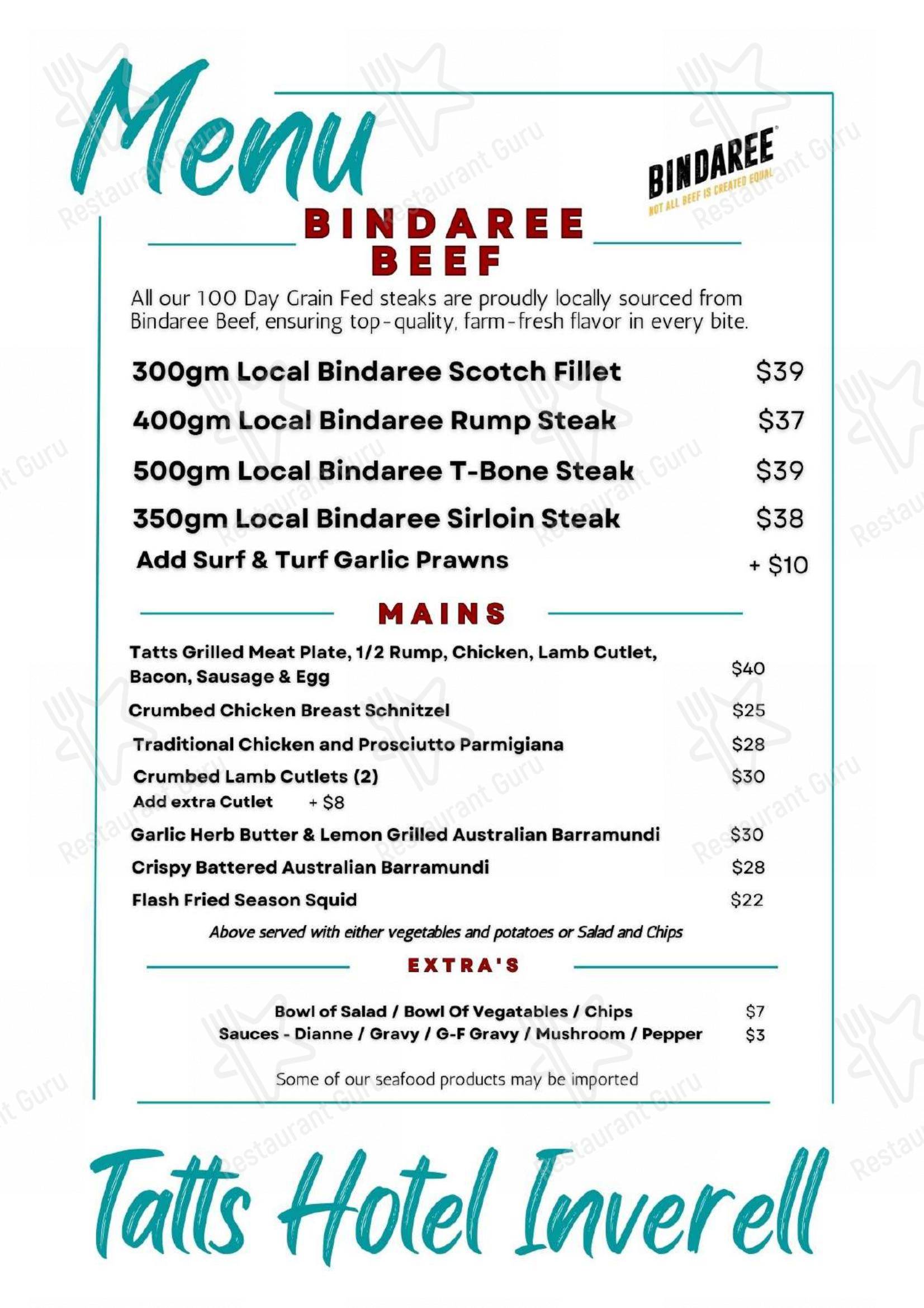 Menu at Tattersalls Hotel Inverell pub & bar, Inverell
