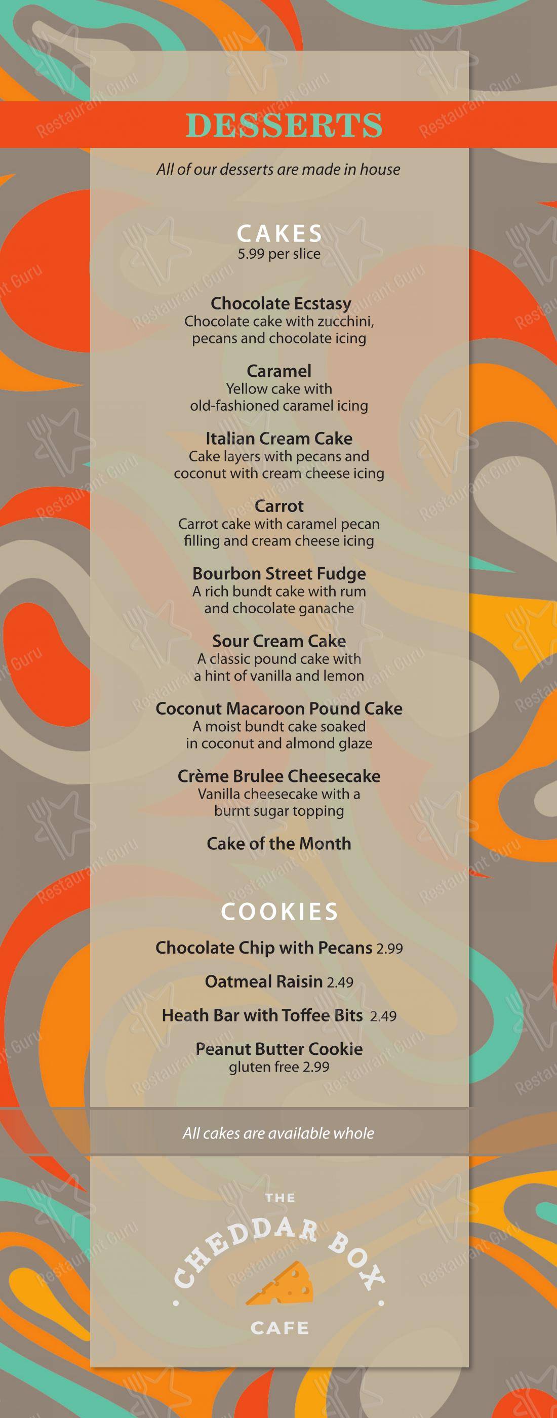 Menu at The Cheddar Box Cafe, Louisville, Shelbyville Rd # 103