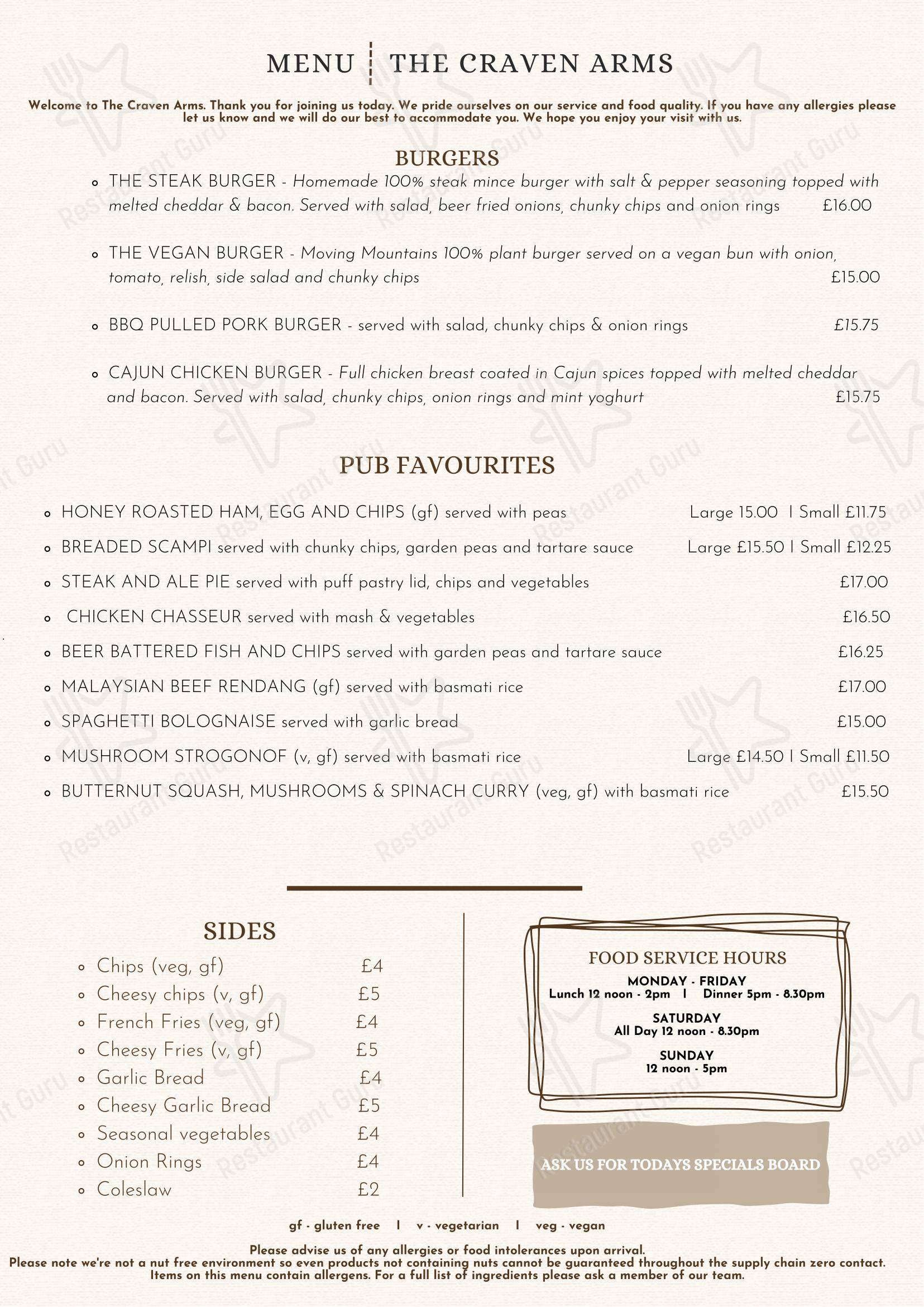 Menu at The Craven Arms pub & bar, Newbury