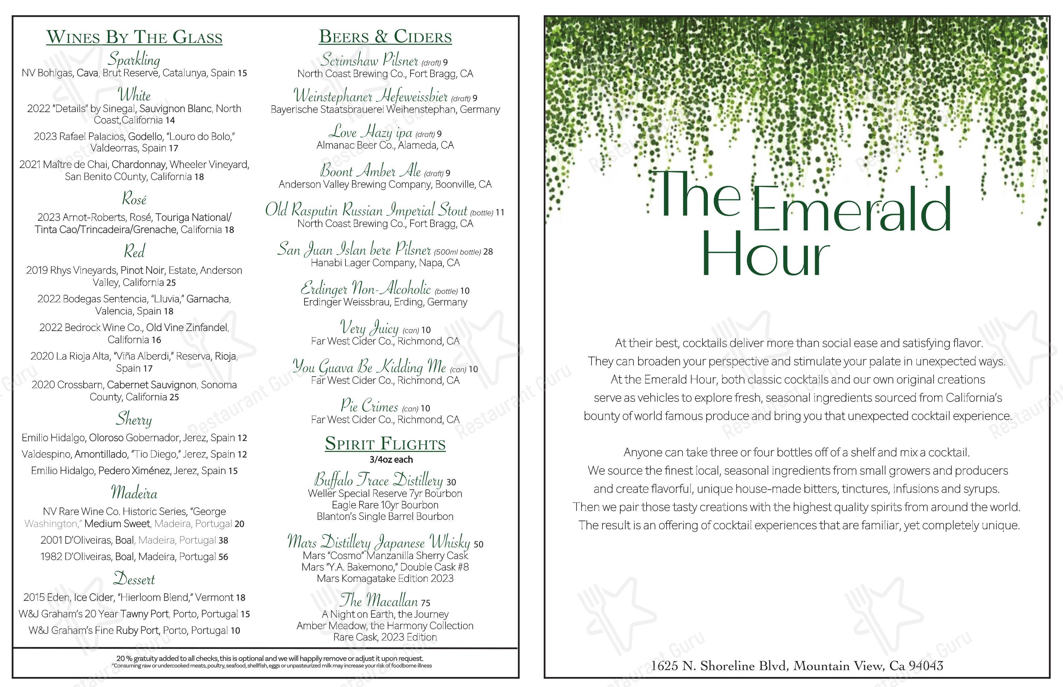 Menu at The Emerald Hour pub & bar, Mountain View, N Shoreline Blvd