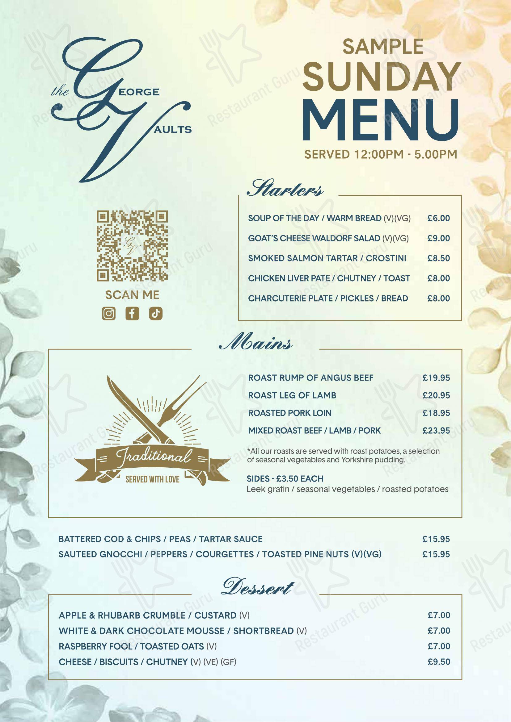 Menu at The George Vaults restaurant, Rochester