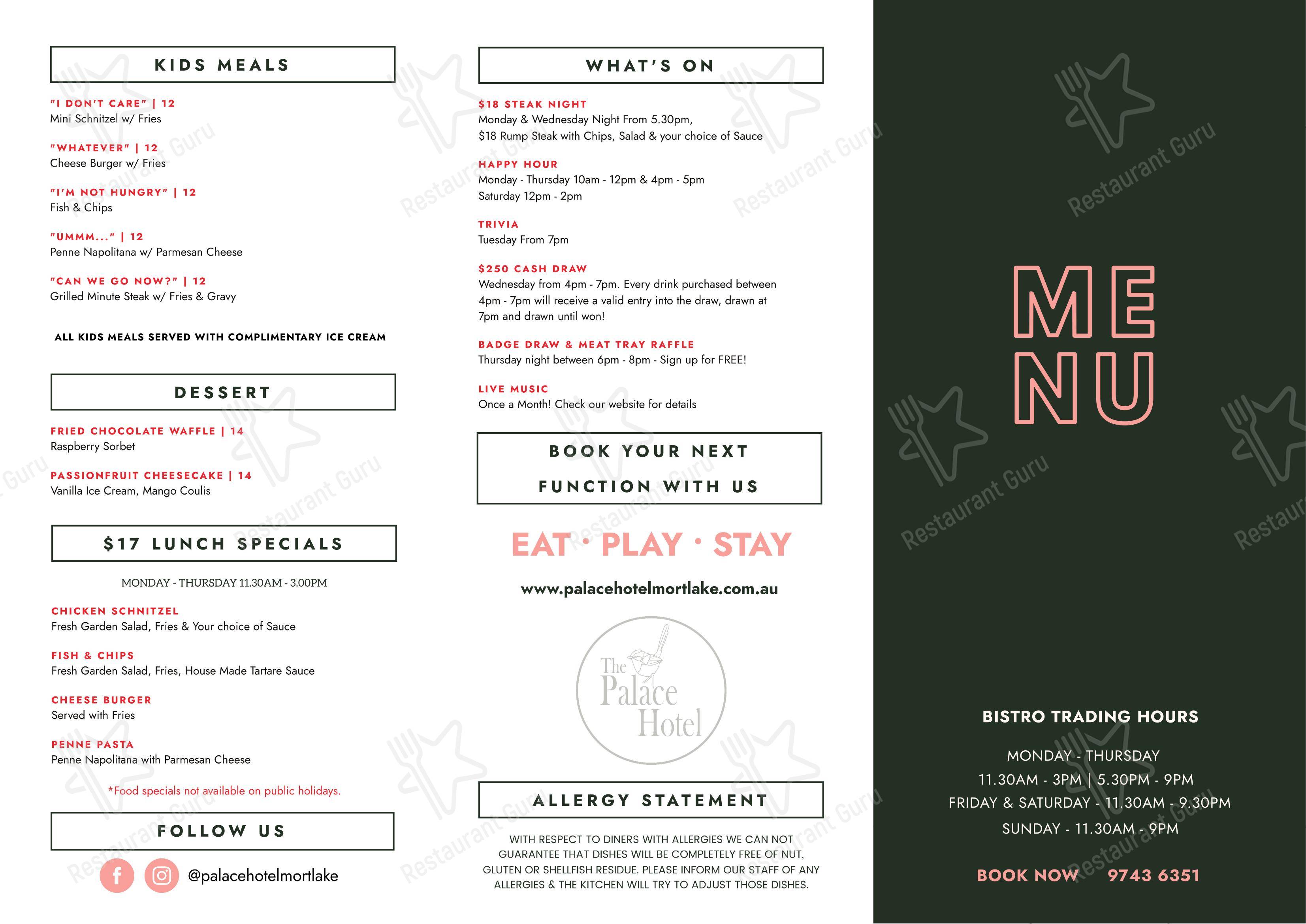 Menu at The Palace Hotel pub & bar, Mortlake