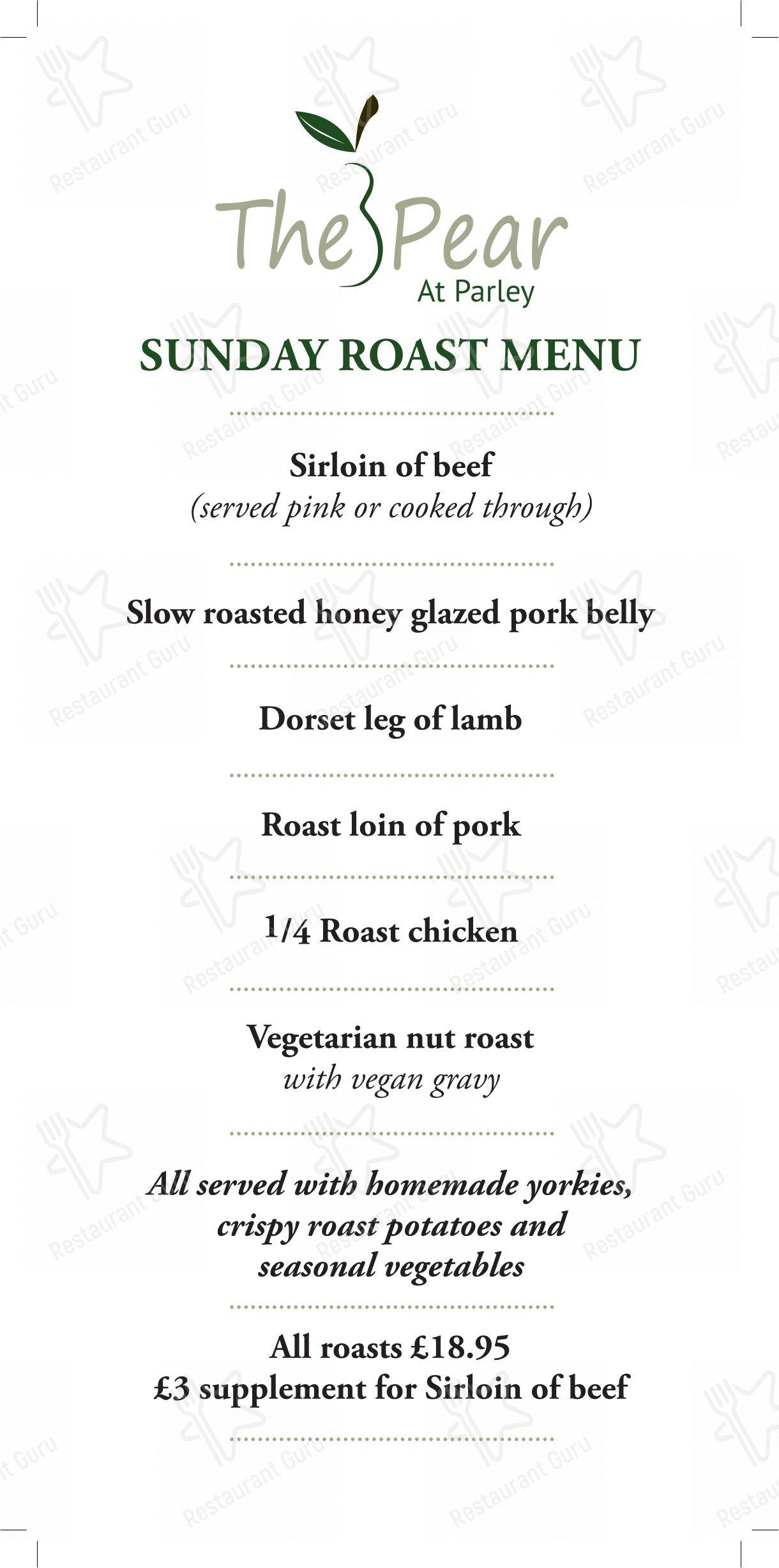 Menu at The Pear At Parley restaurant, West Parley