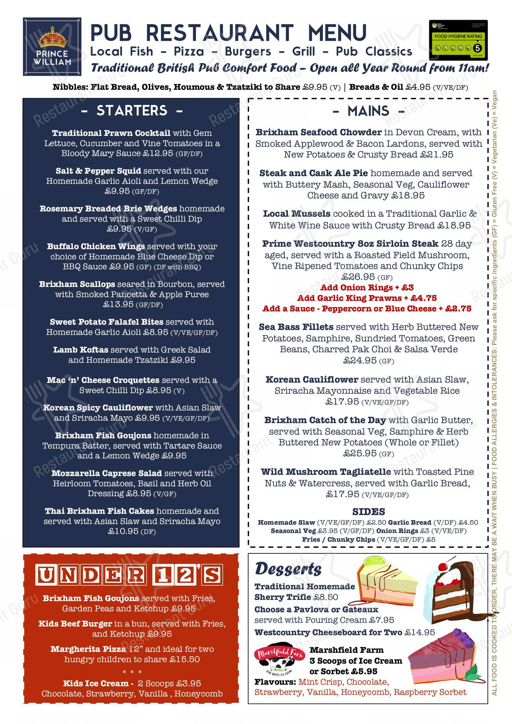 Menu at The Prince William restaurant, Brixham