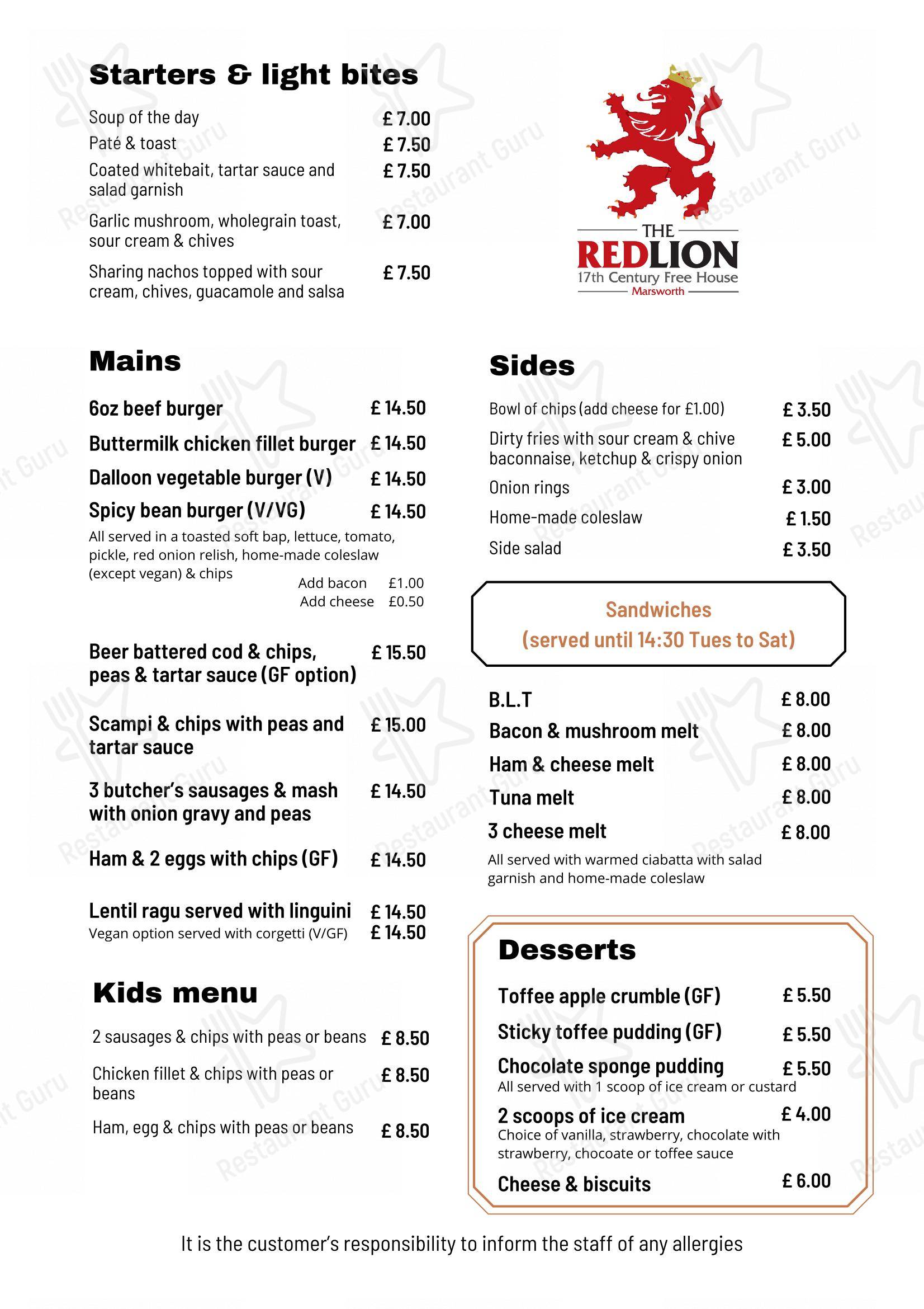 Menu at The Red Lion pub & bar, Tring