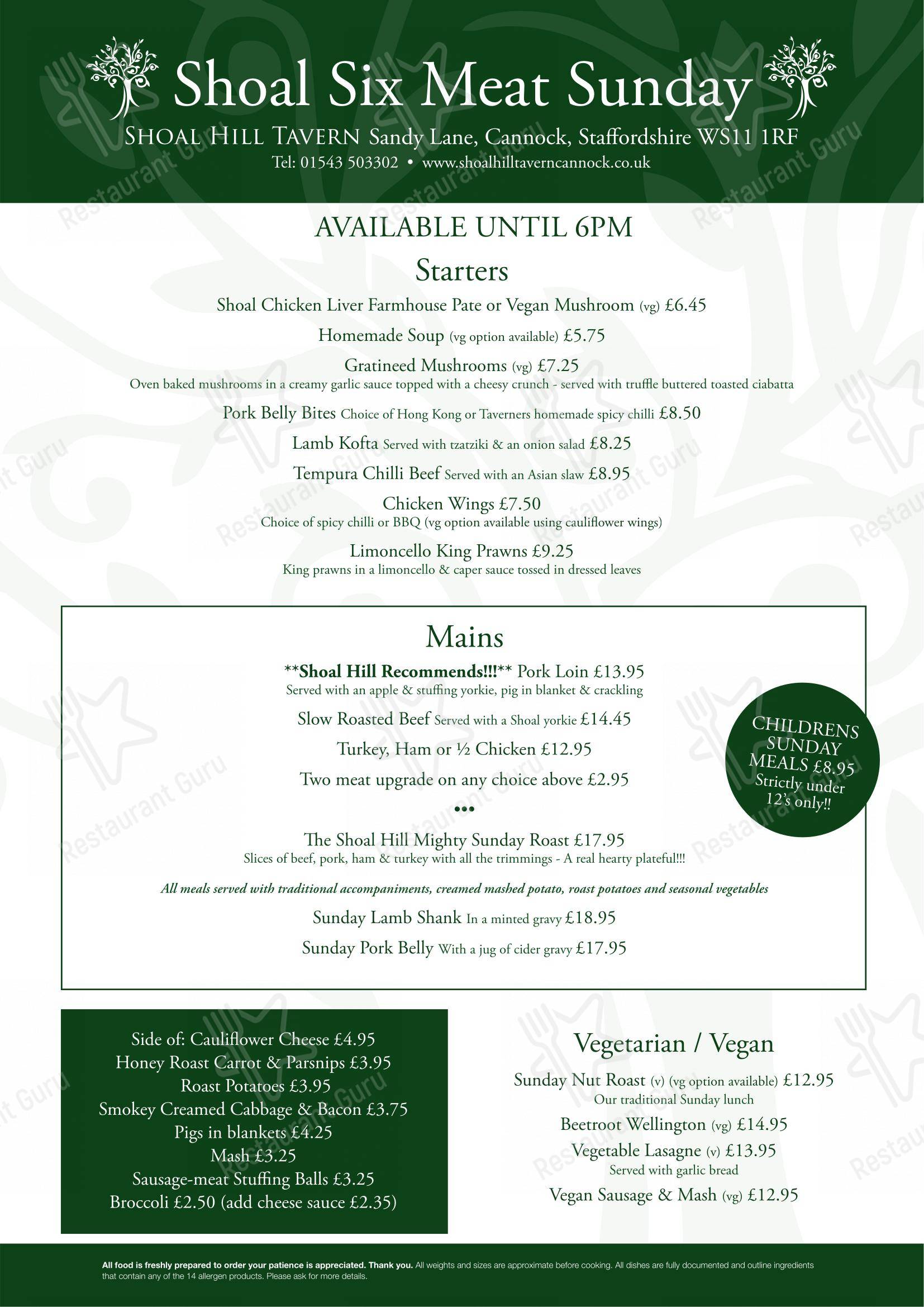 Menu at The Shoal Hill Tavern pub & bar, Cannock