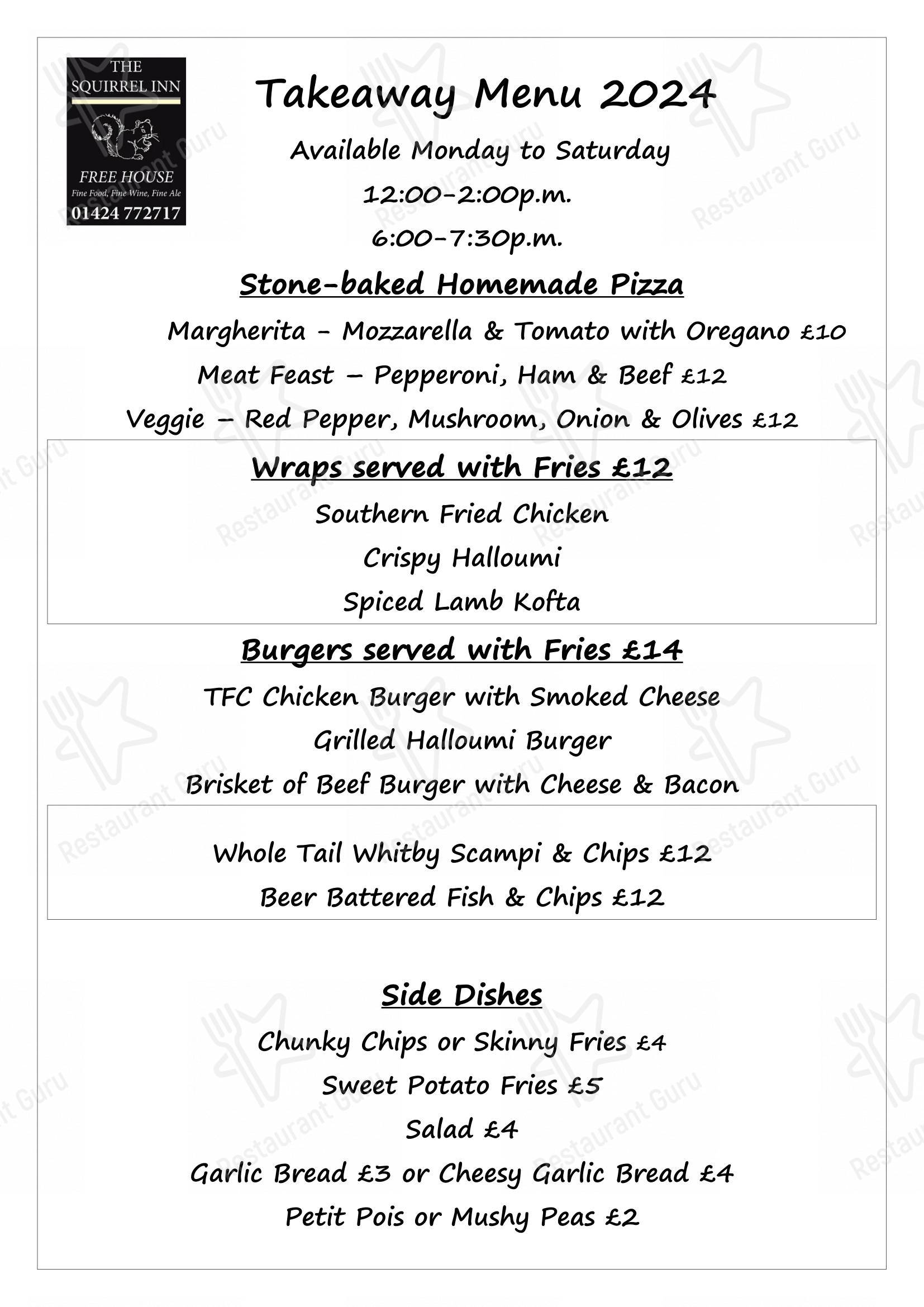 Menu at The Squirrel Inn pub & bar, Battle