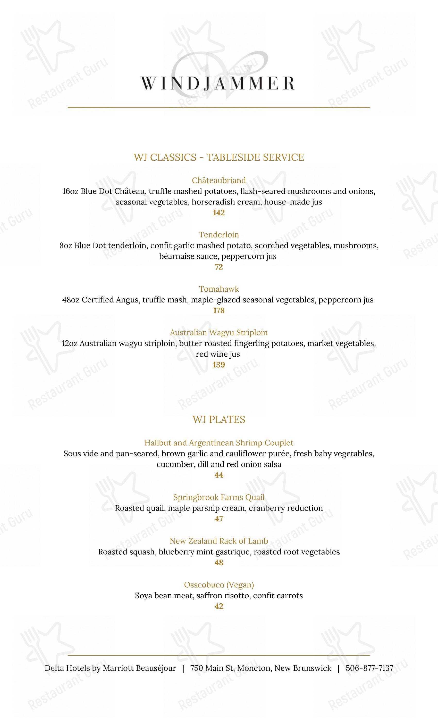 Menu at Windjammer steakhouse, Moncton