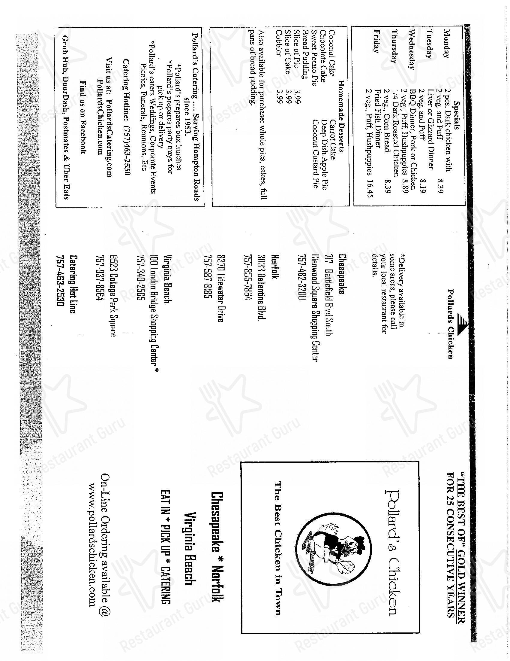 Menu at Pollard's Chicken at Battlefield Blvd. restaurant, Chesapeake ...