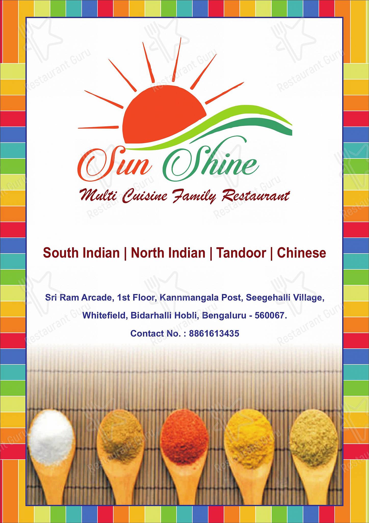 Menu at Sunshine Restaurant, Bengaluru, 2