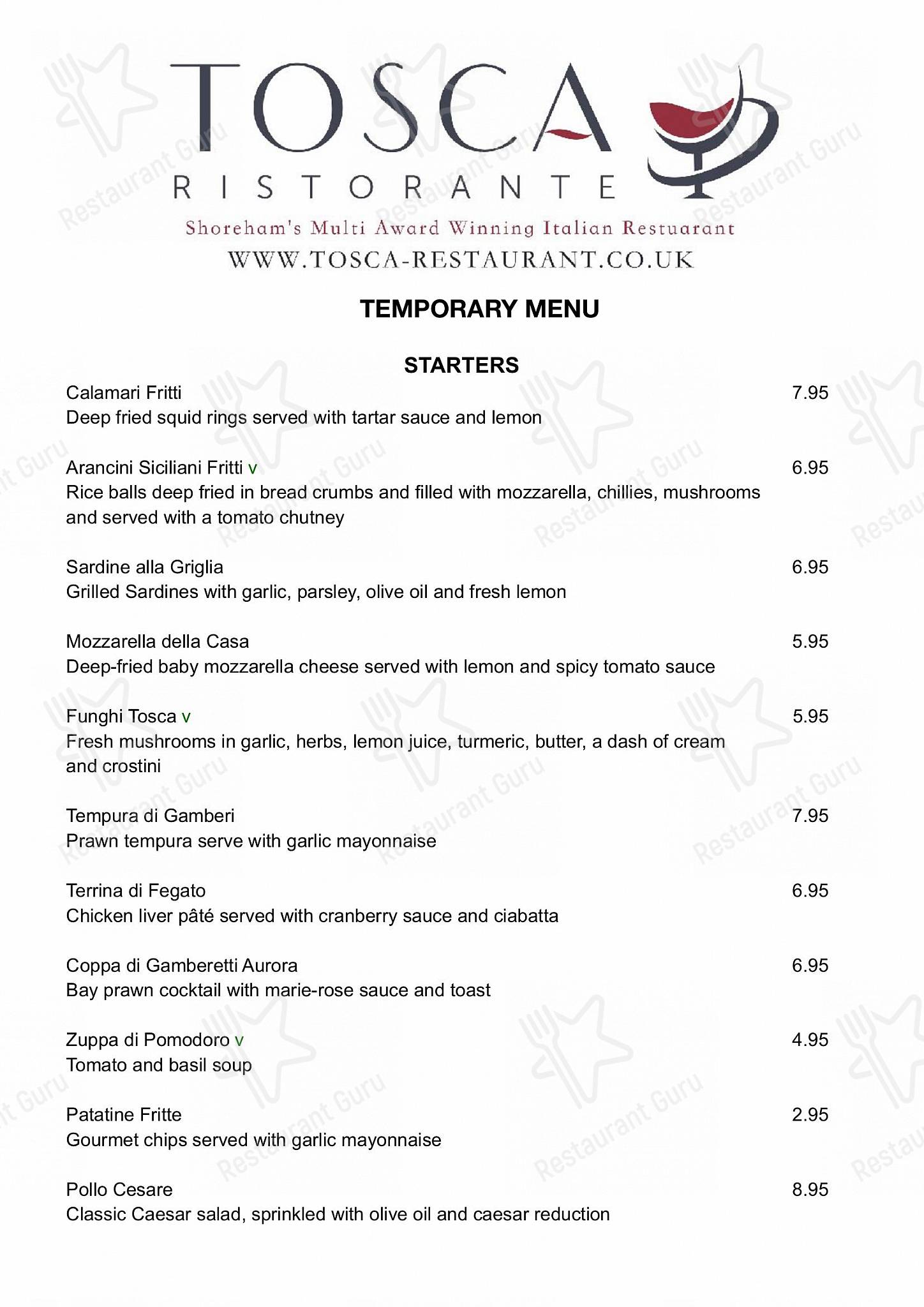 Menu at Tosca Pizza Bar and Grill, Shoreham-by-Sea