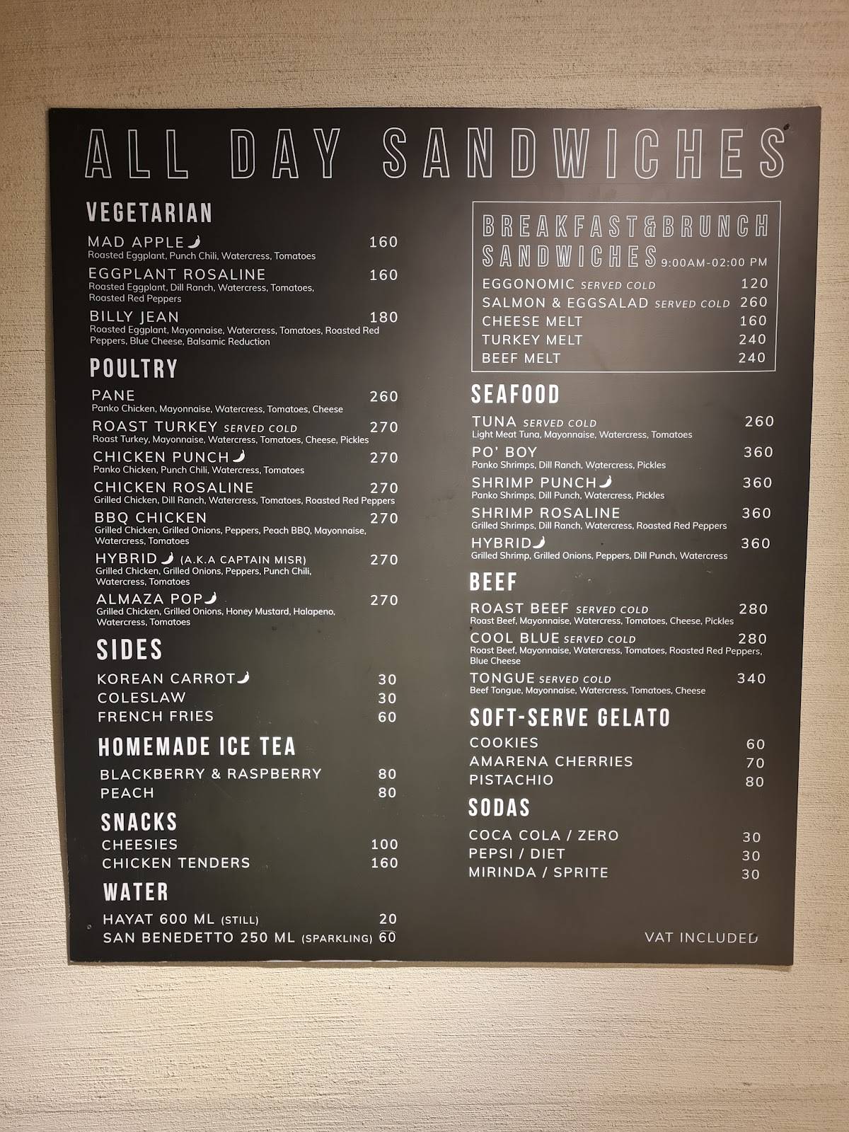 Menu at sandwichroom Almaza Bay, Egypt