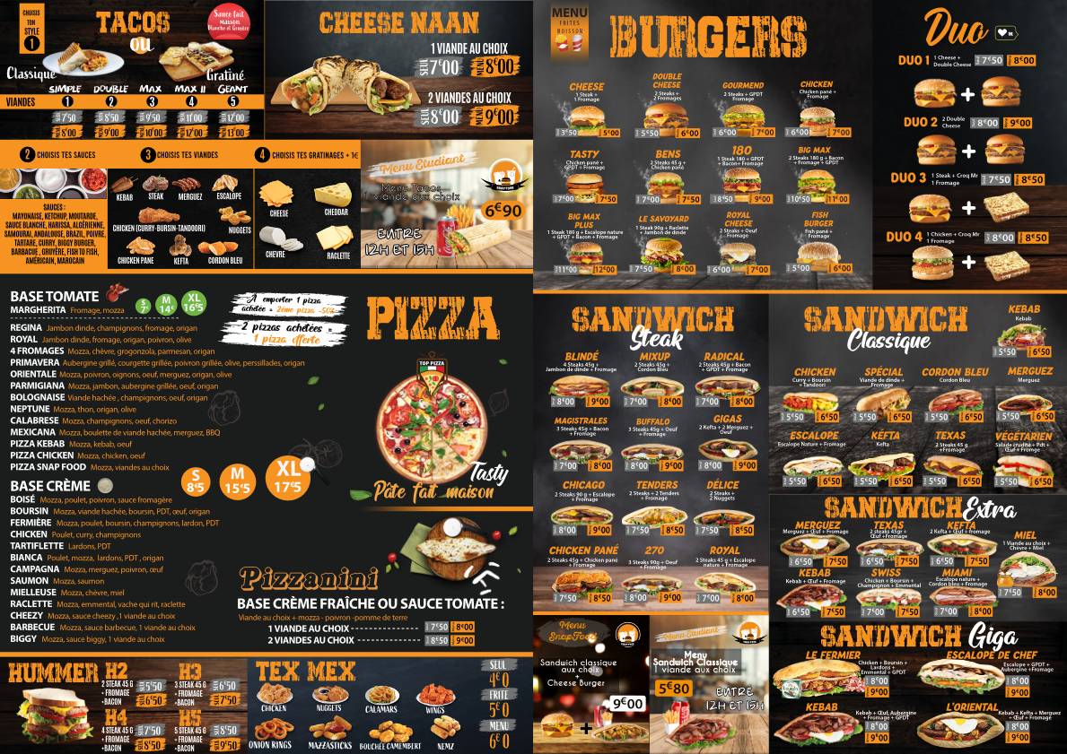 Menu au snap food restaurant, Thonon-les-Bains