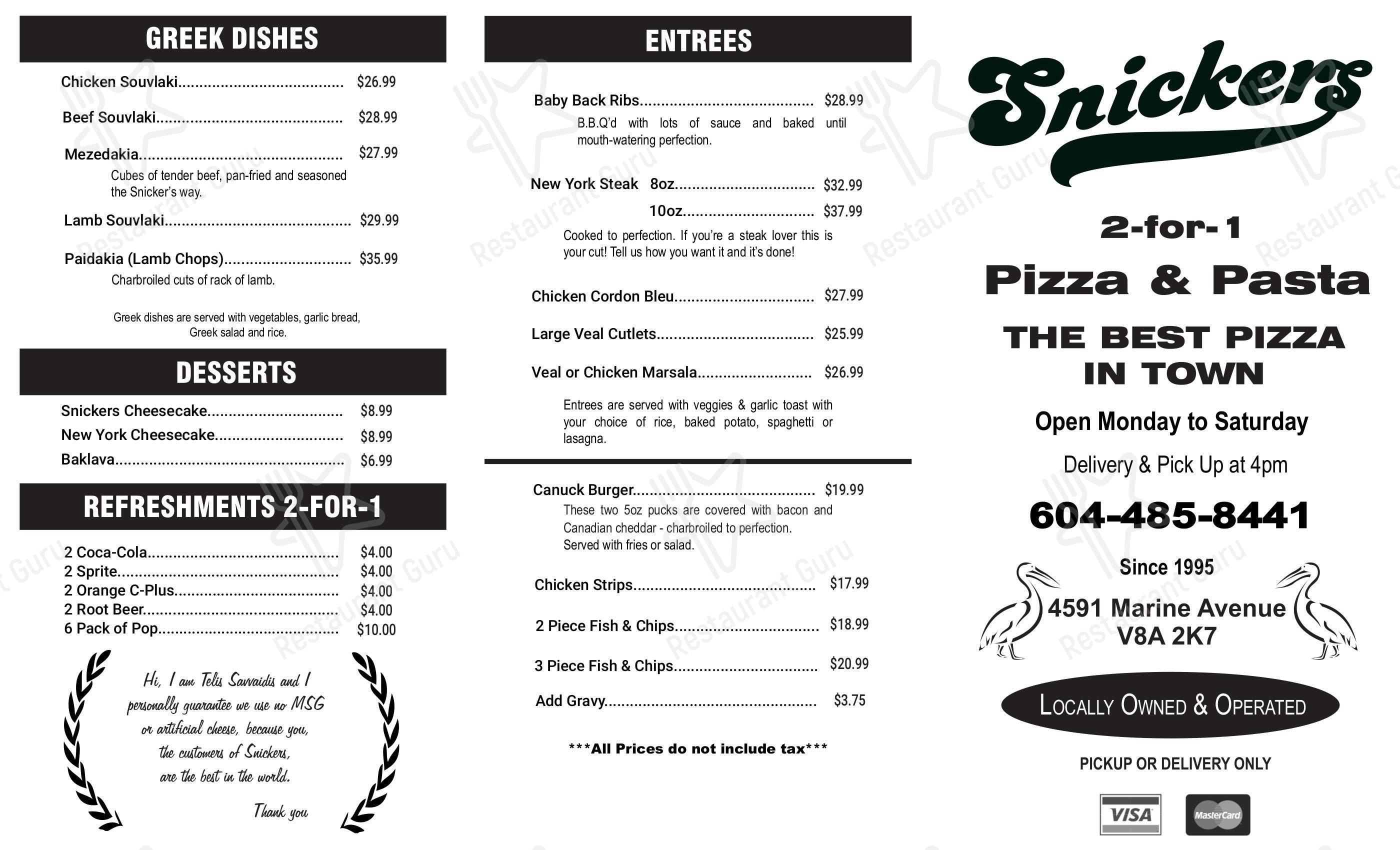 Menu at Snickers Restaurant, Powell River
