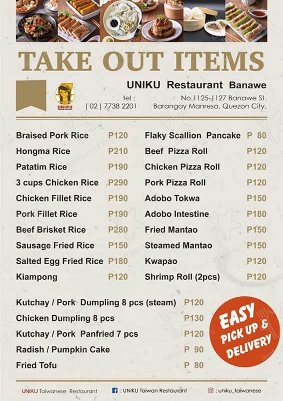Menu at Uniku restaurant, Quezon City