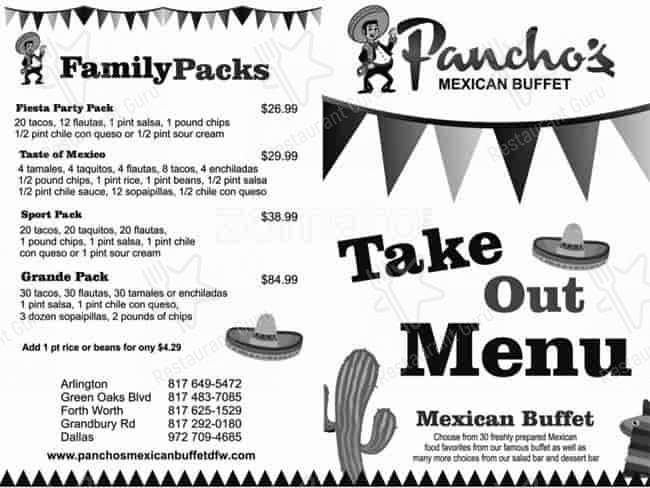 Menu at Pancho's Mexican Buffet restaurant, Denton