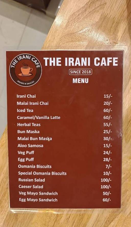 Menu at the irani cafe, Bengaluru