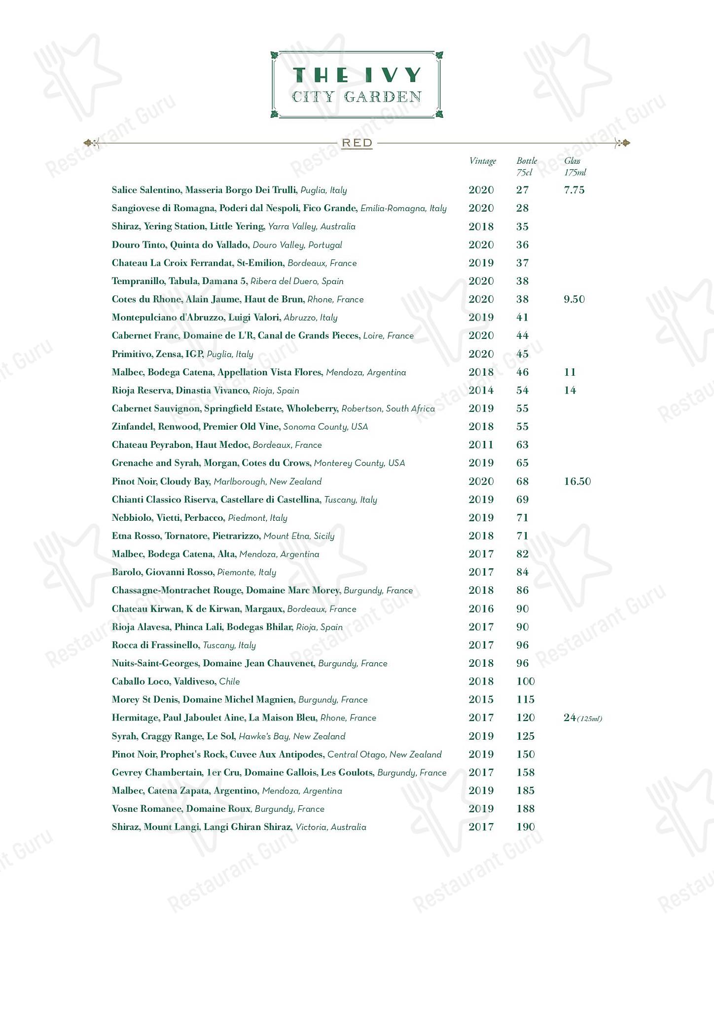 Menu at The Ivy City Garden pub & bar, London, Dashwood House