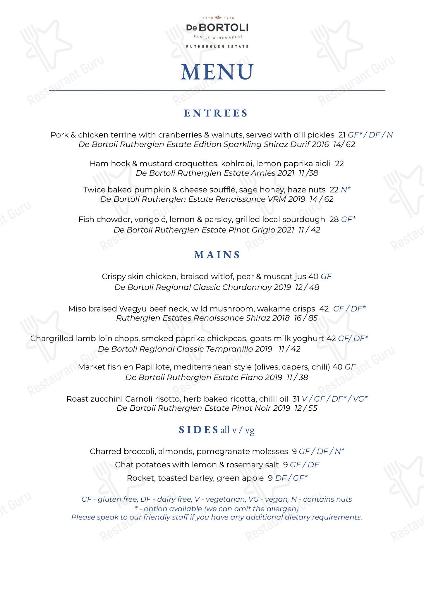 Menu at Tuileries at De Bortoli Rutherglen Estate restaurant, Rutherglen
