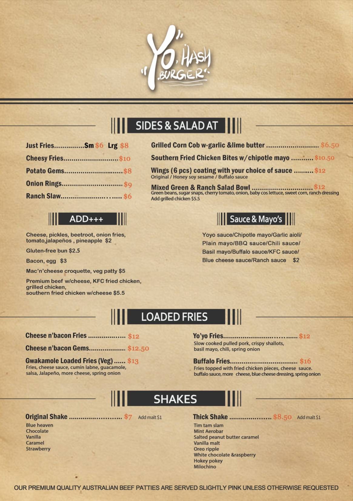 Menu at yo,Hash Burger restaurant, Aitkenvale