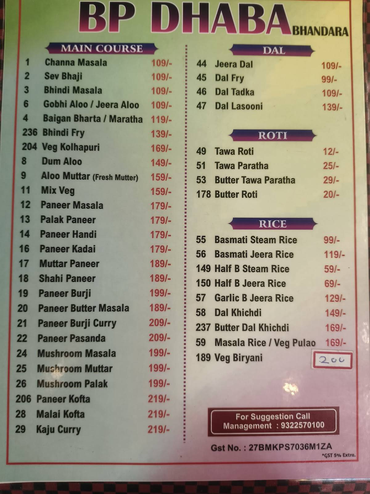 Menu at BP Da dhaba, India