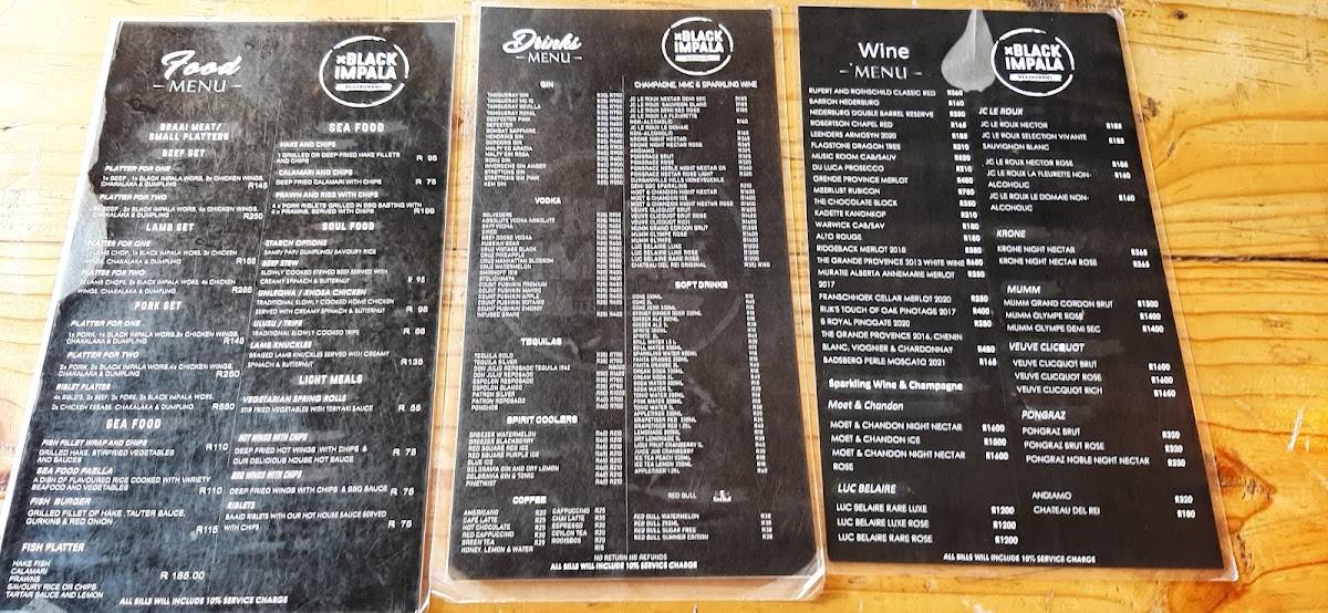 Menu at Black Impala Restaurant, South Africa
