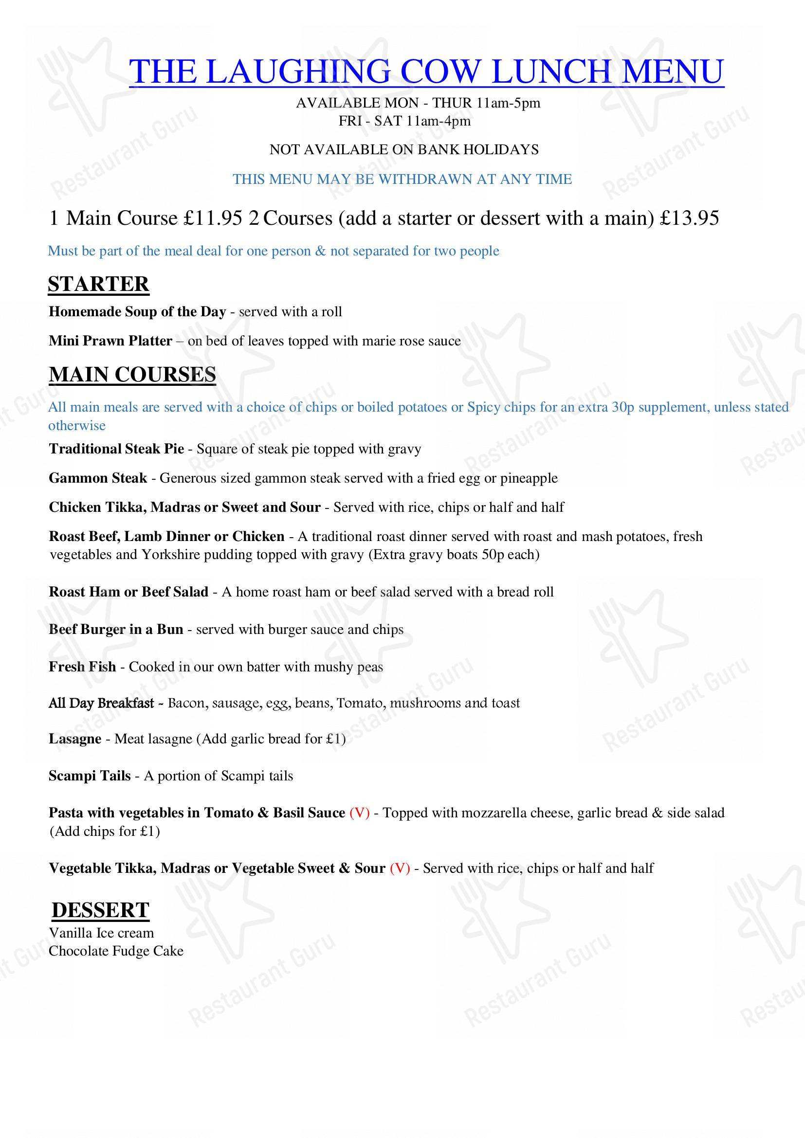 Menu at Brown Cow pub & bar, Dalton-in-Furness