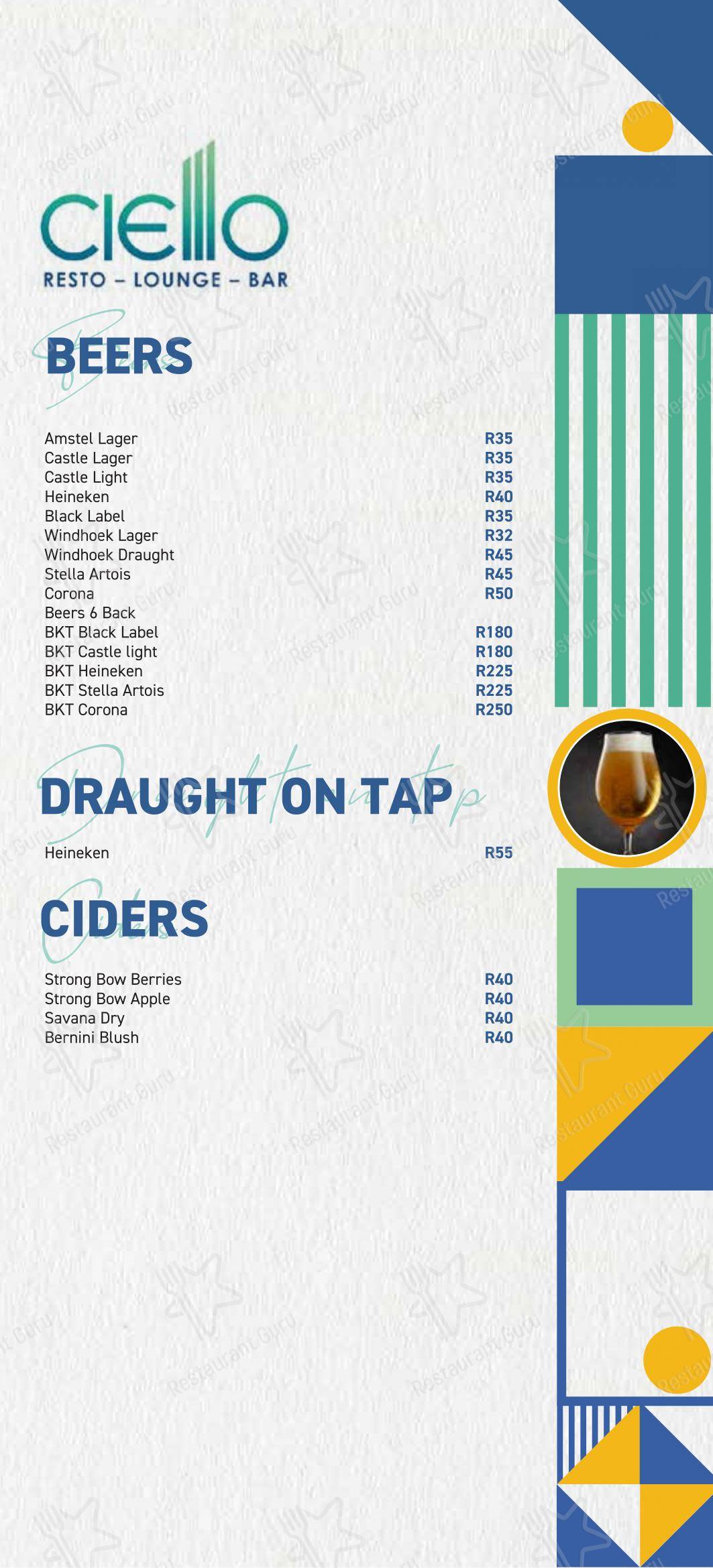 Menu at Cielo Restaurant, Benoni