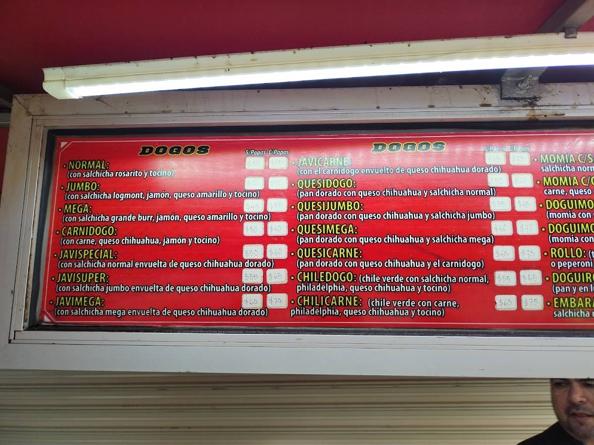Menu at Dogos El Javi restaurant, Ciudad Obregón