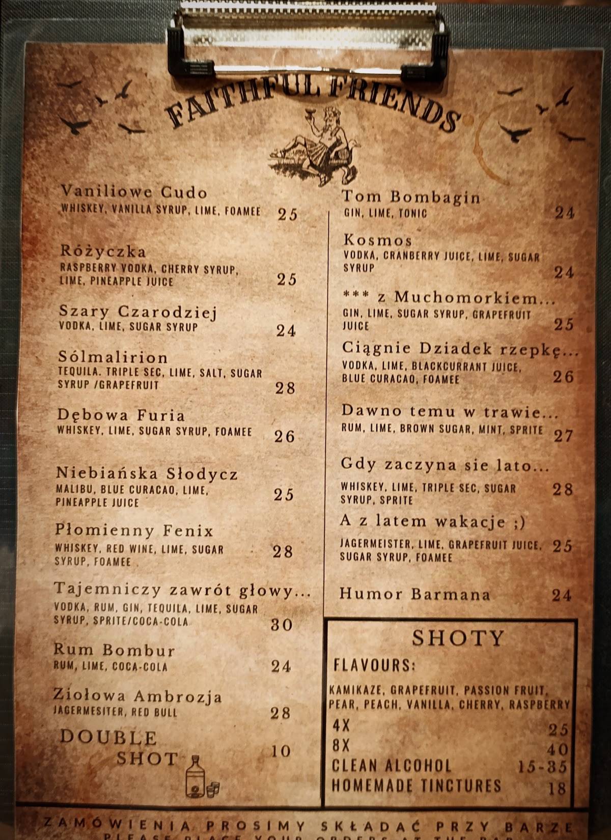 Menu at Faithful Friends inspired by LoTR restaurant, Gdynia