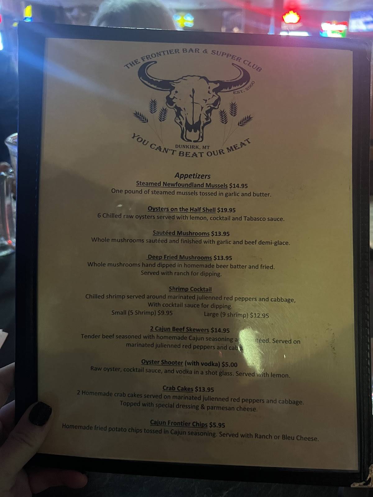 Menu at Frontier Bar & Supper Club, USA