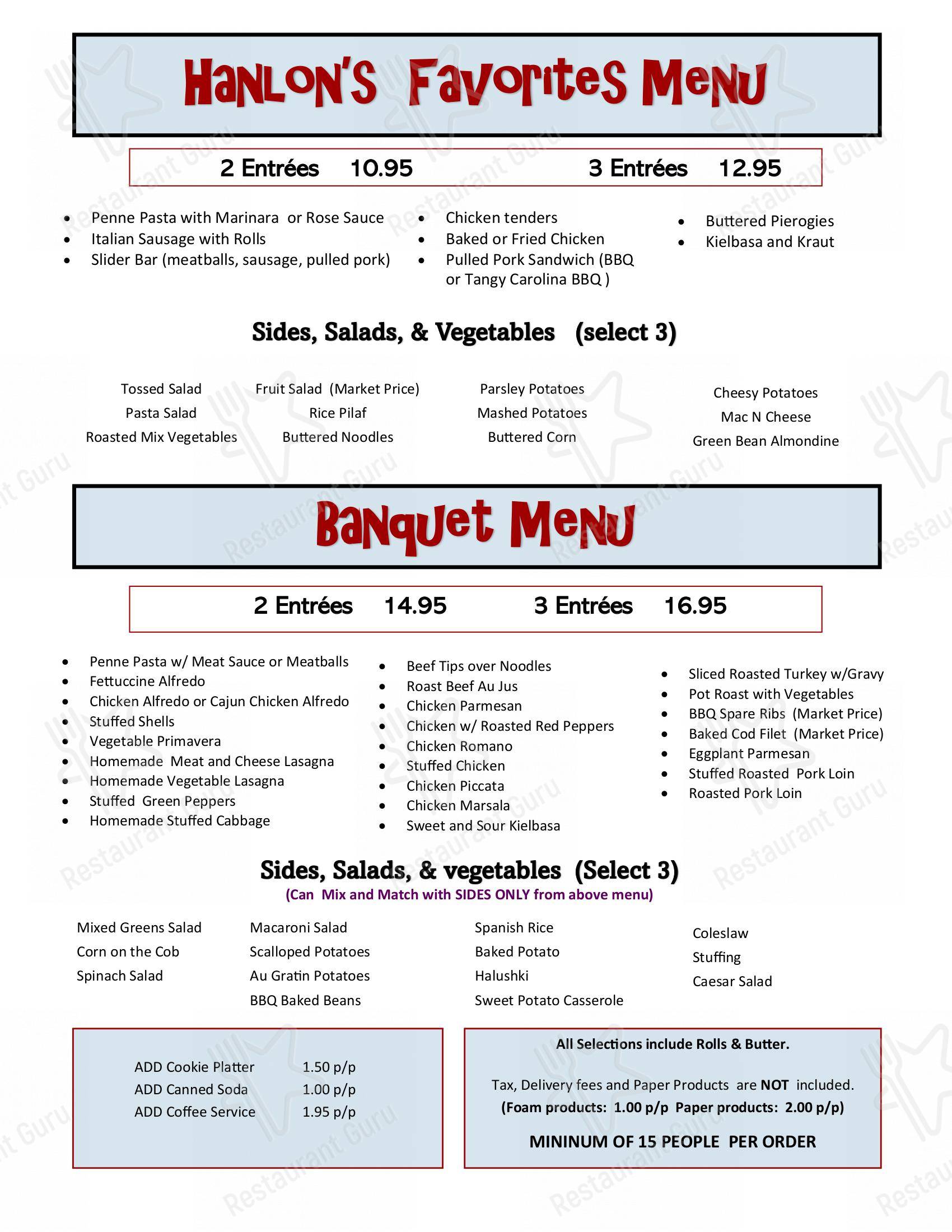 Menu at Hanlon's Cafe, Crafton, 17 Foster Ave