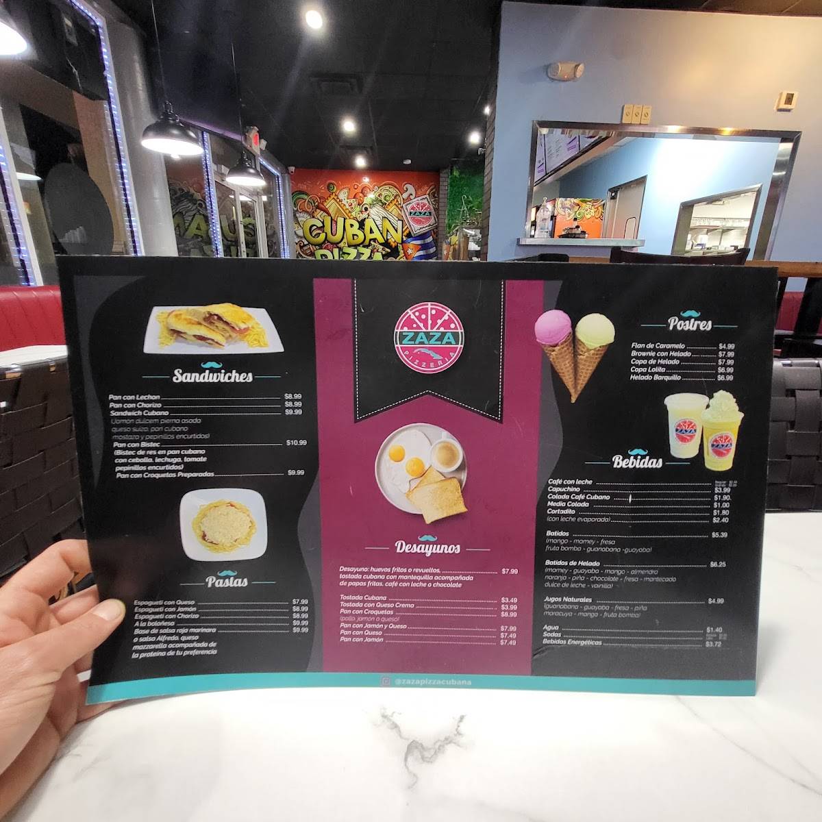 Menu at Zaza Pizza restaurant, Hialeah