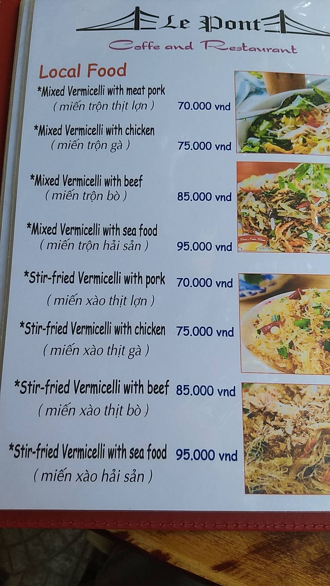 Menu at Le Pont restaurant, Vietnam