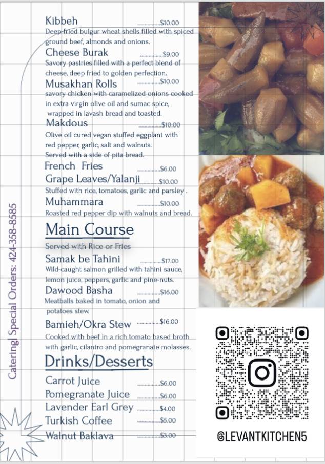 Menu at Levant Kitchen restaurant, Long Beach