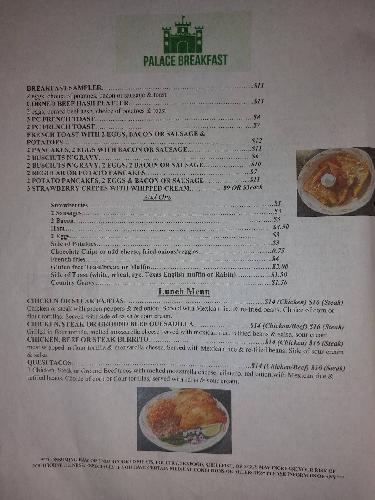 Menu at Palace Breakfast restaurant, New London