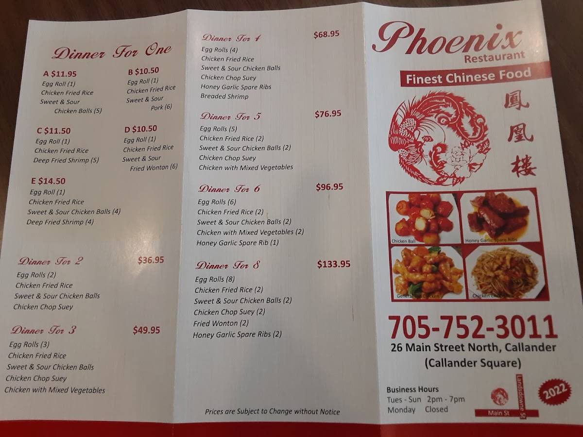 Menu at Phoenix Restaurant, Canada, 26 Main St N