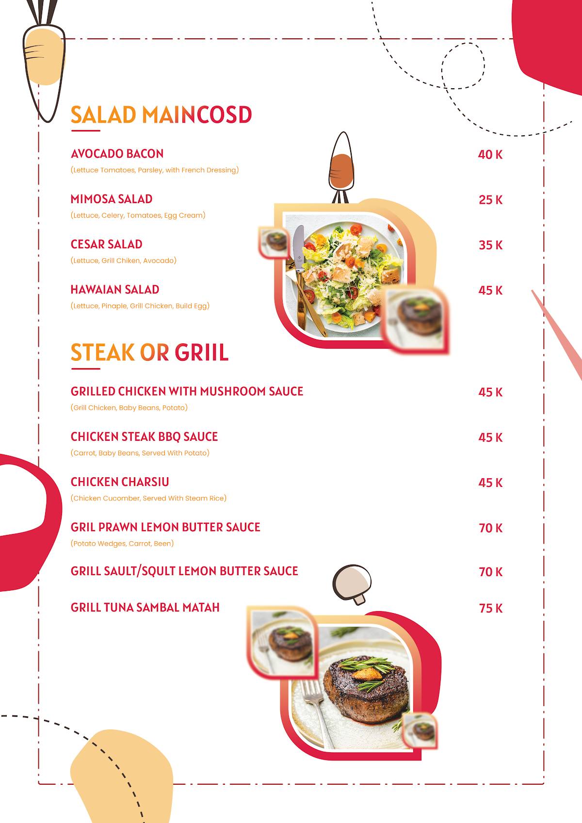 Menu at Street Food restaurant, Indonesia, Jalan Raya Banjar Senangka