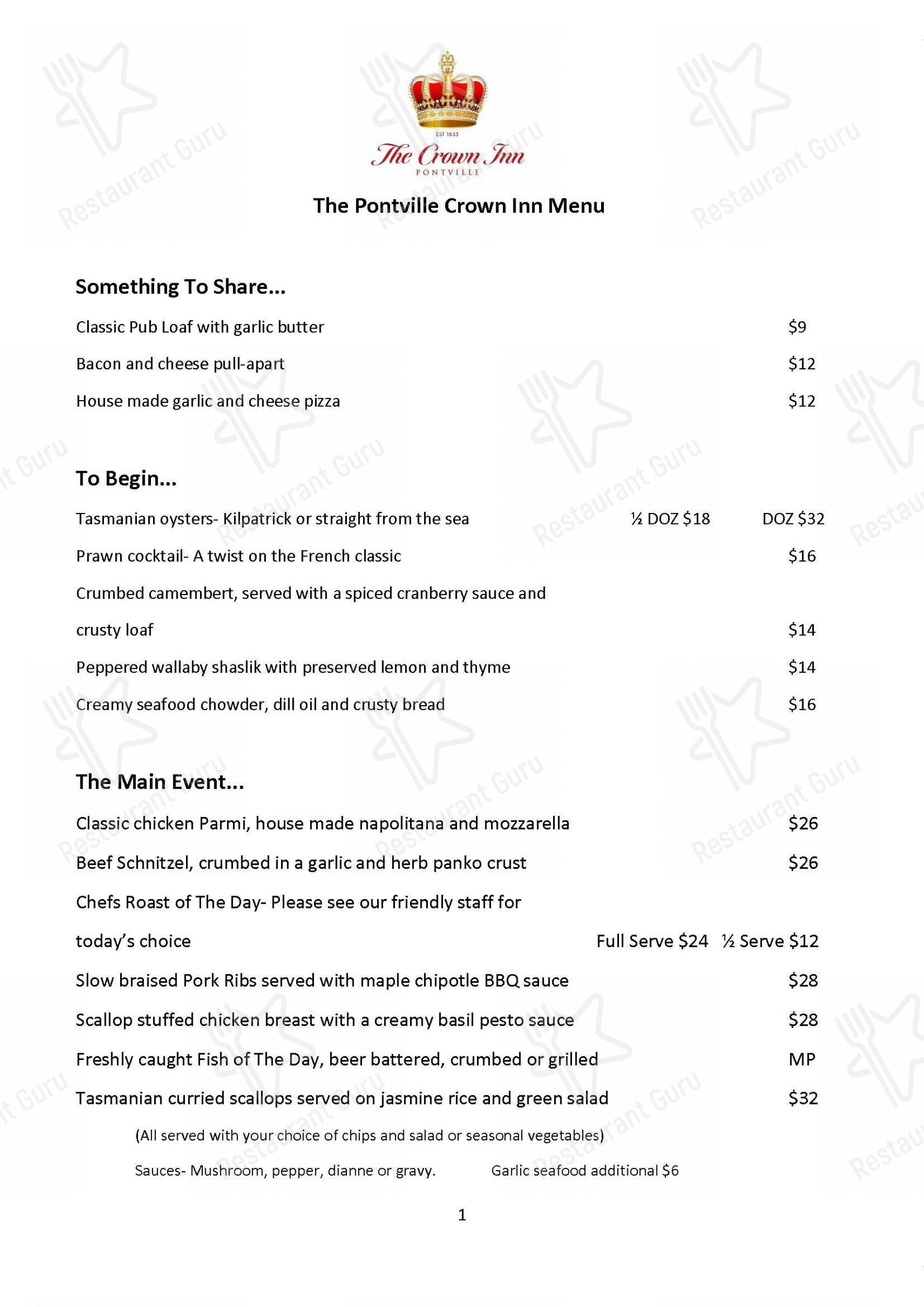 Menu at The Crown Inn pub & bar, Pontville, 256 Brighton Rd