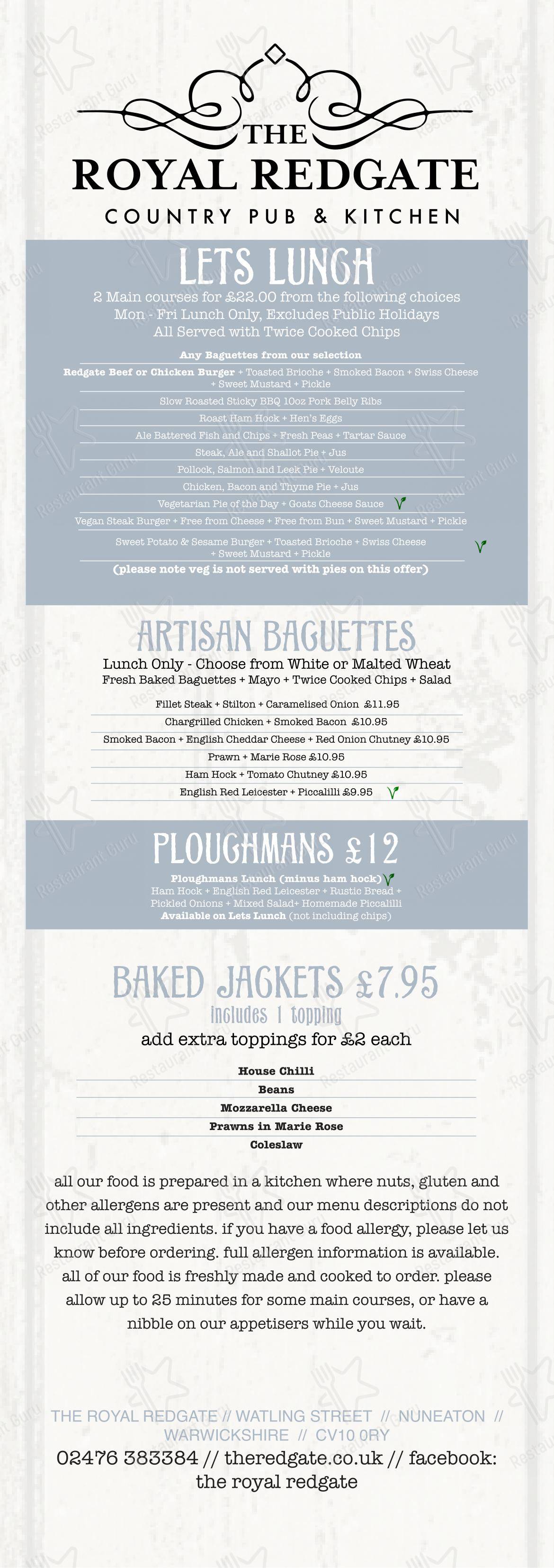 Menu at The Royal Redgate pub & bar, Nuneaton, Watling St