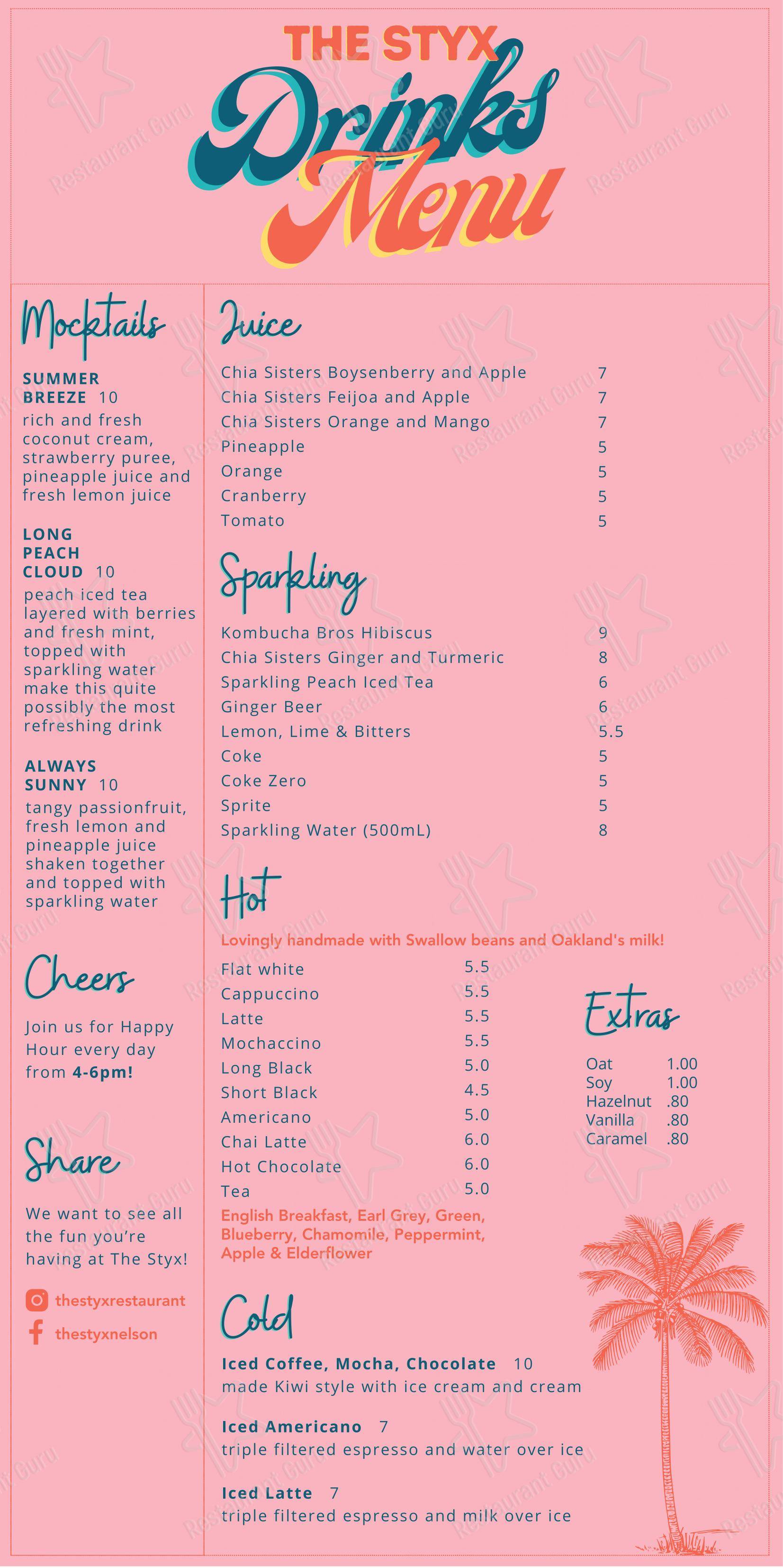 Menu at The Styx restaurant, Nelson