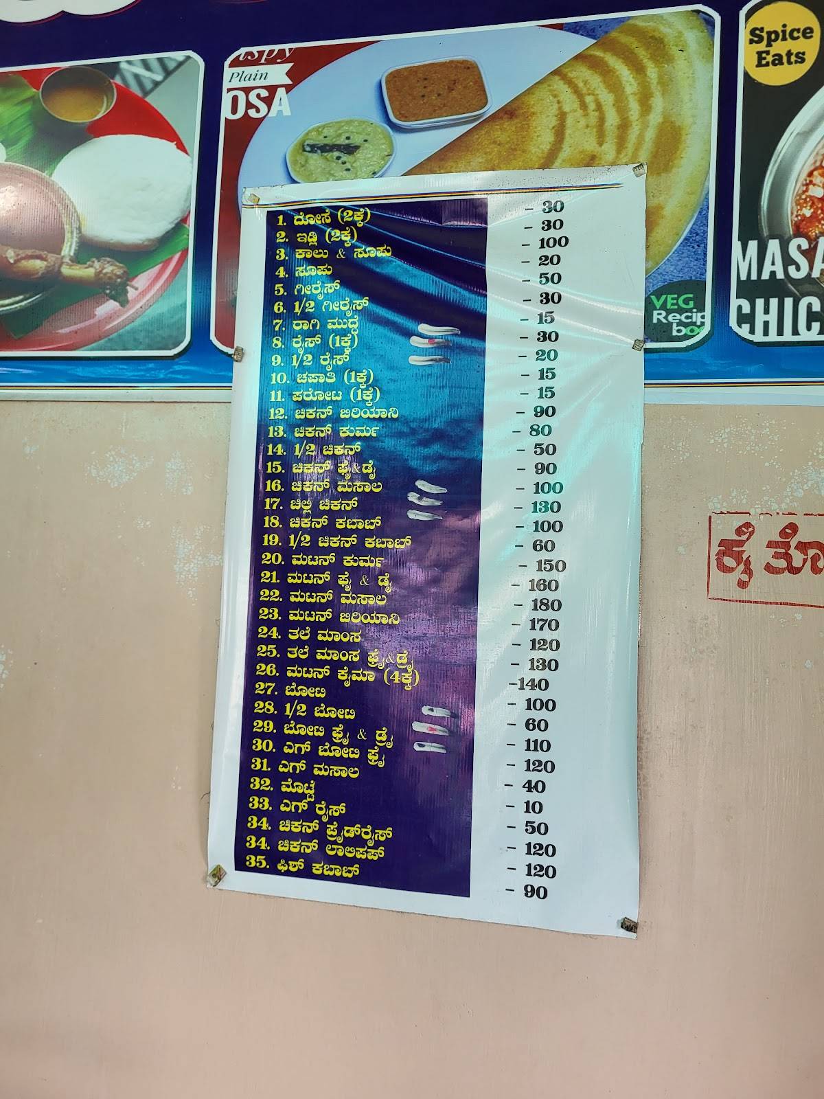 Menu at Karnataka Hindu Military Hotel, Tubinakere