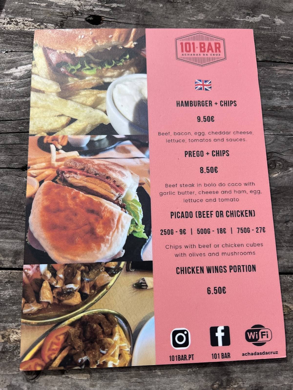 Menu em 101 Bar, Achadas Da Cruz