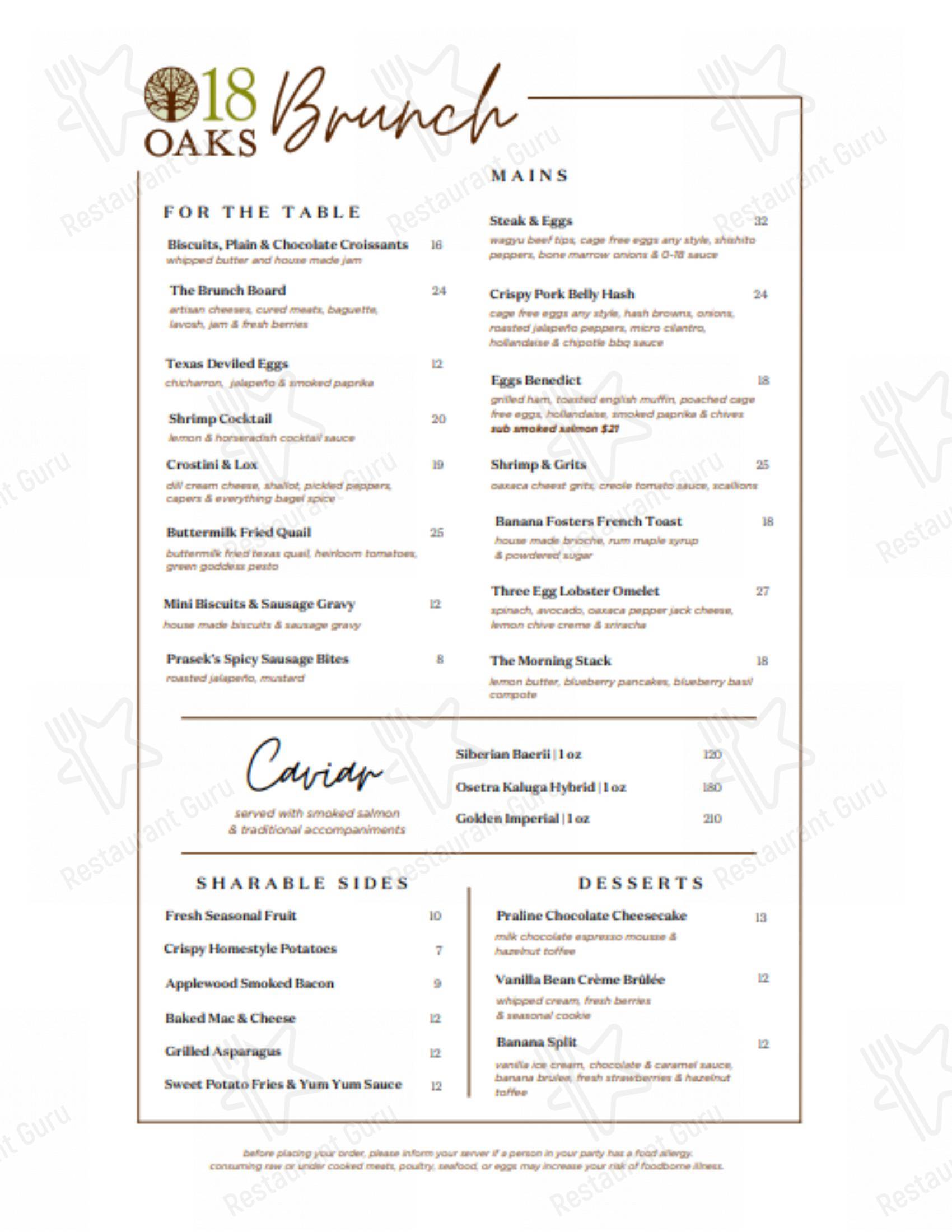 Menu at 18 Oaks steakhouse, San Antonio, Resort Pkwy