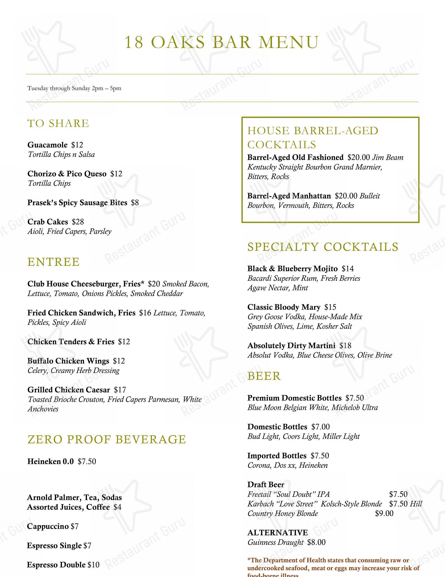 Menu at 18 Oaks steakhouse, San Antonio, Resort Pkwy