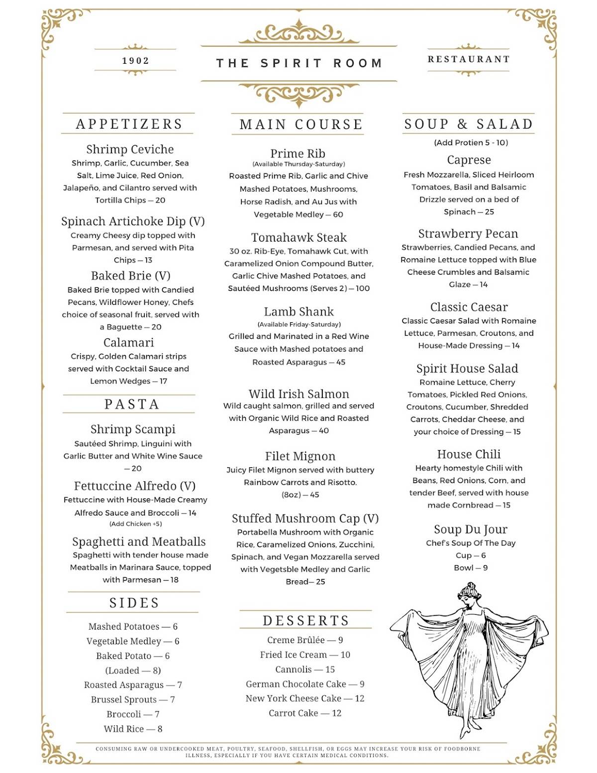 Menu at 1902 The Spirit Room at The Copper Queen Hotel restaurant ...