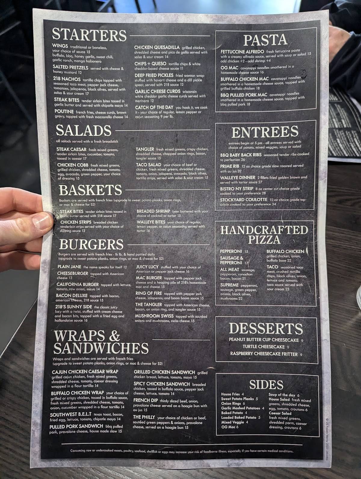 Menu at 218 Tavern pizzeria, Baudette