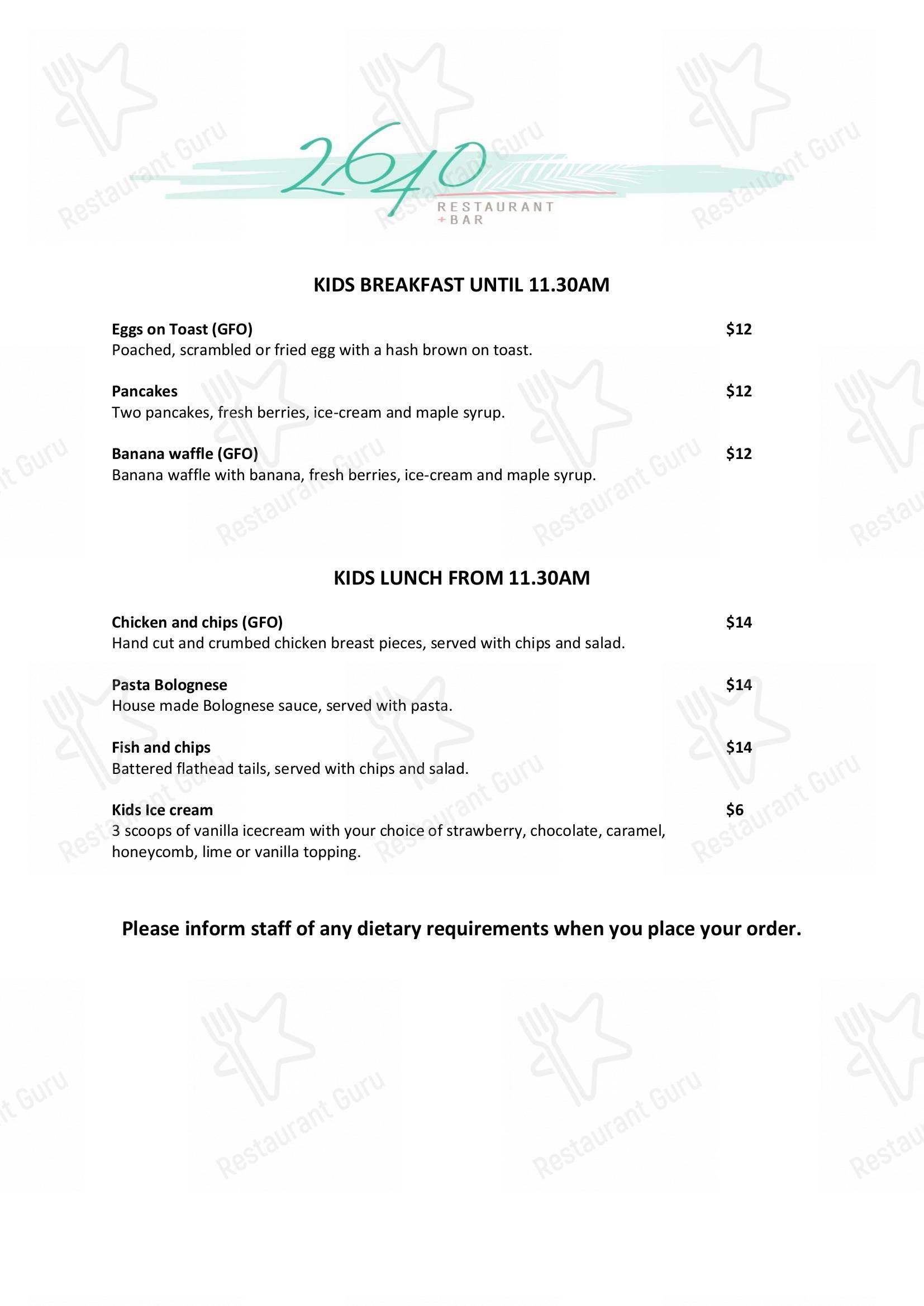 Menu at 2640 Restaurant and Bar, Albury