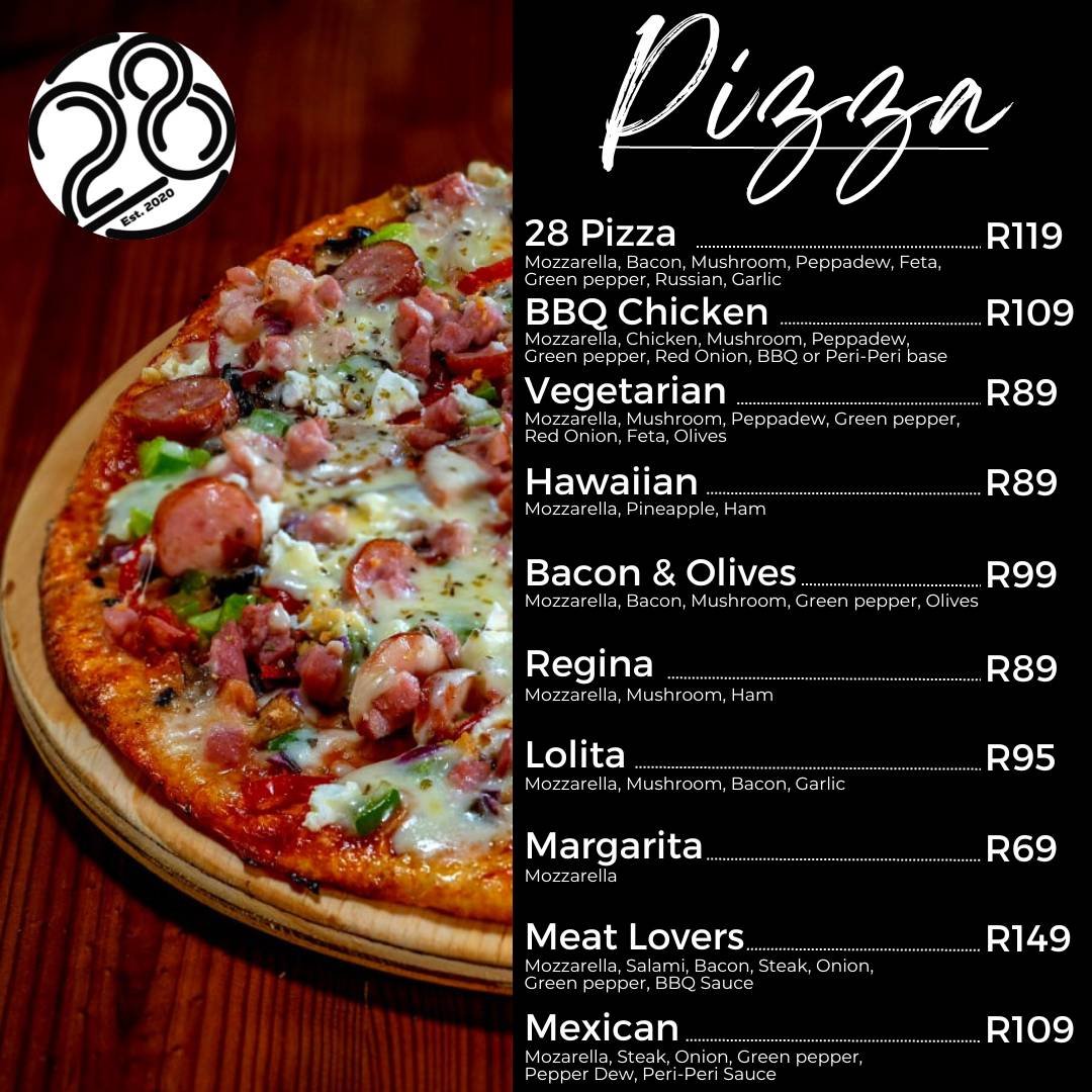 Menu at 28 restaurant, Bloemfontein