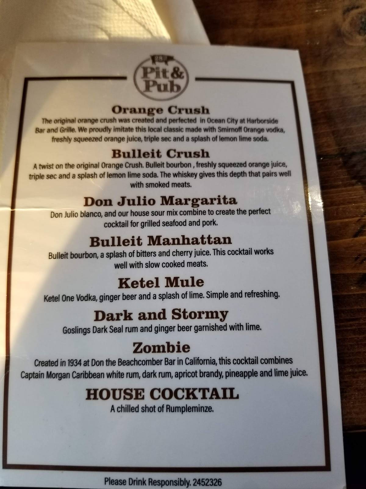 Menu at 28th St. Pit-n-Pub, Ocean City